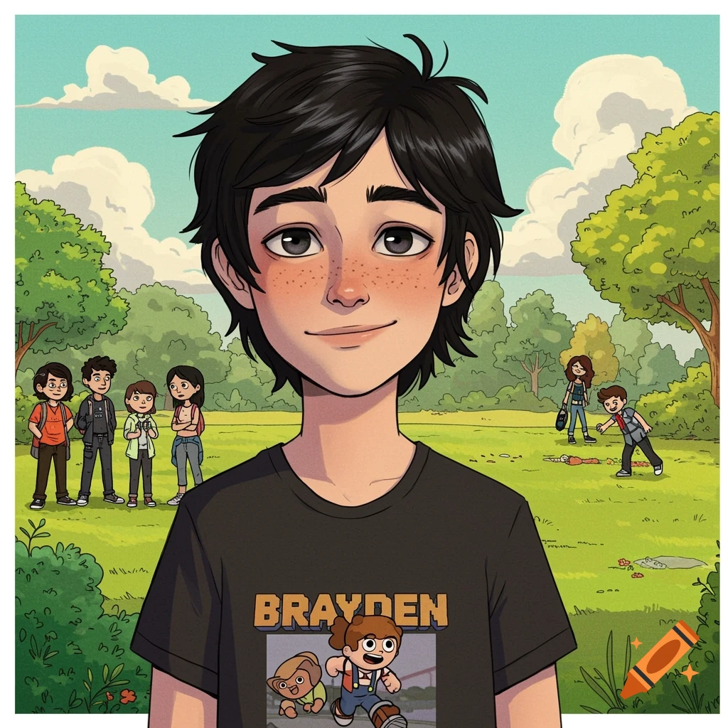 White 13 year old boy named Brayden with medium length black hair on Craiyon
