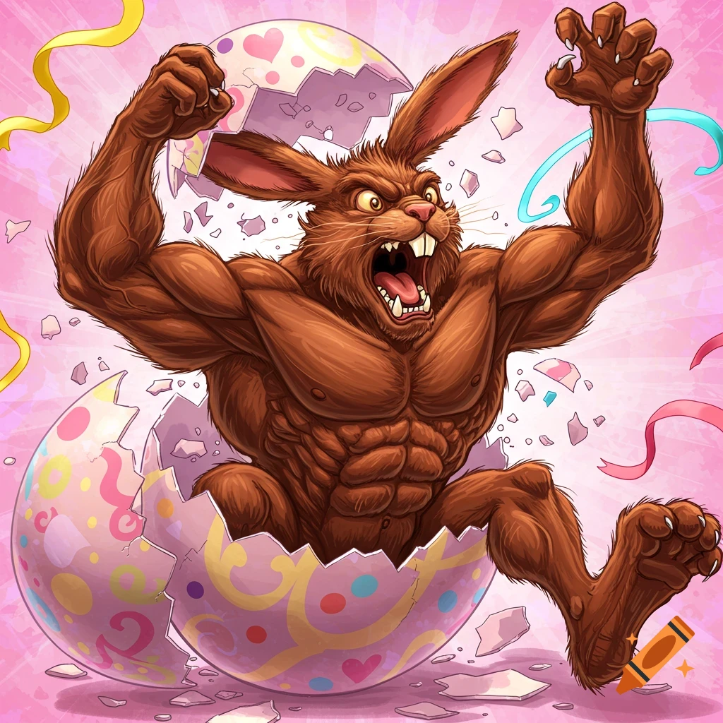 Muscular anthropomorphic rabbit bursting from Easter egg on Craiyon