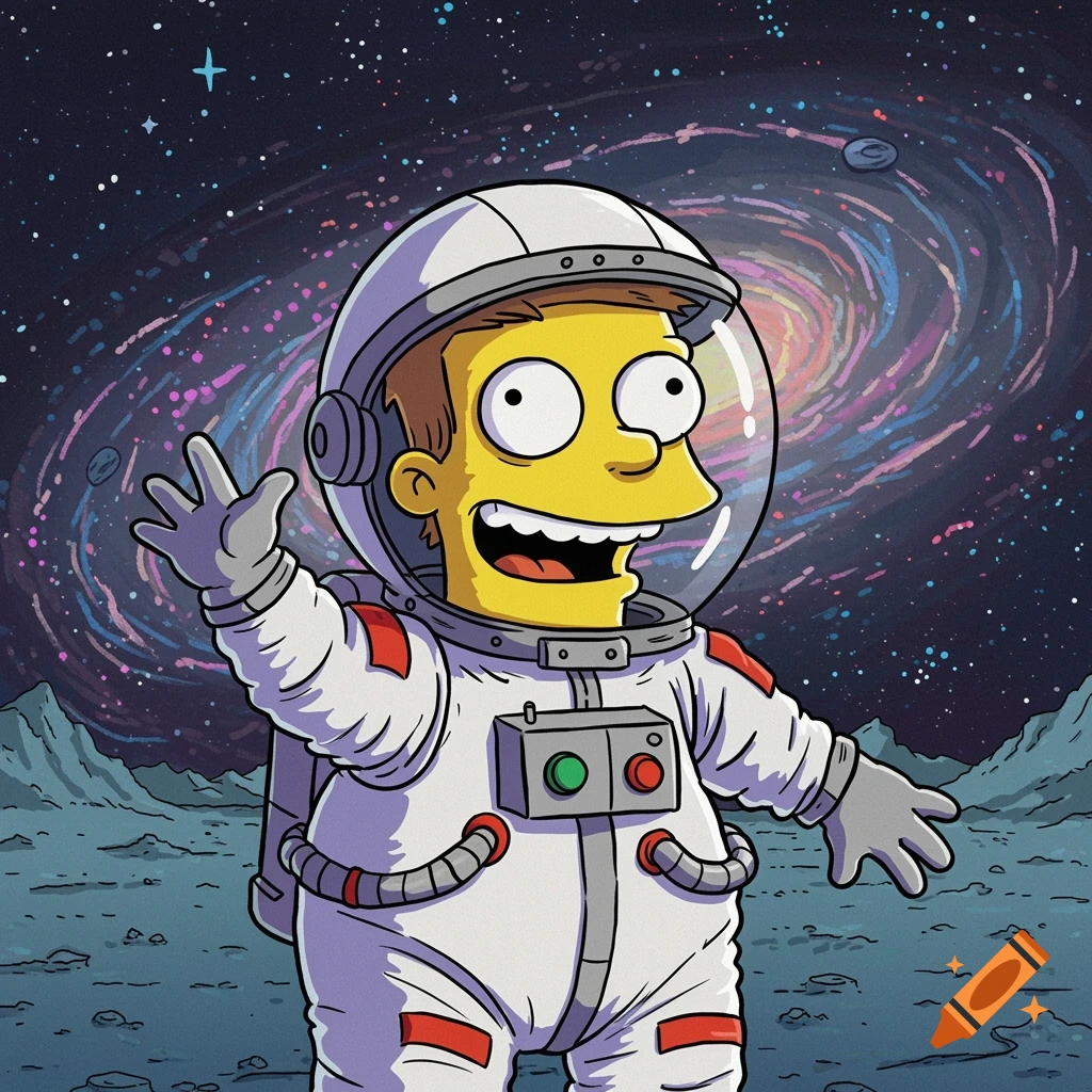 A scared green Kerbal-like alien in a spaceship watches as another ...