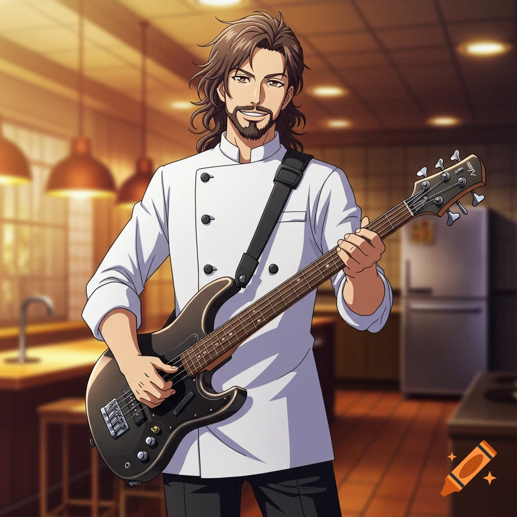 Anime man in chef's coat playing bass guitar in a kitchen. on Craiyon
