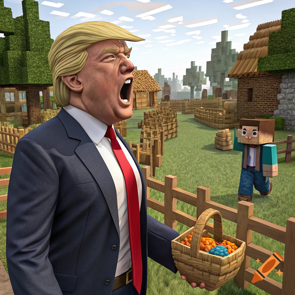 Realistic Donald Trump screaming at a villager in Minecraft on Craiyon