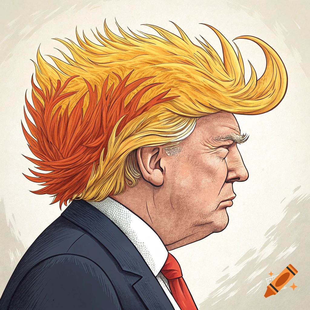 Stylized cartoon portrait of Donald Trump in profile with fiery orange ...