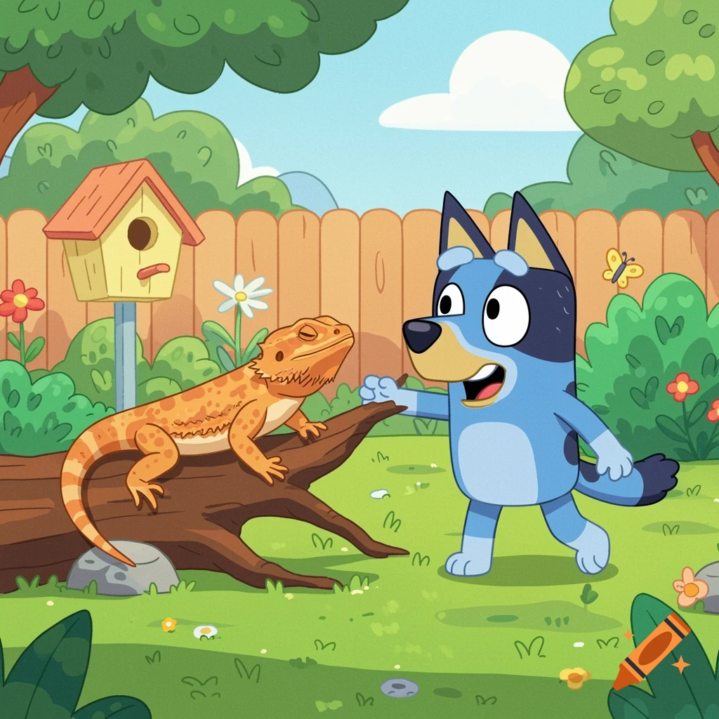 Bluey, a blue dog, interacts playfully with an orange bearded dragon on ...