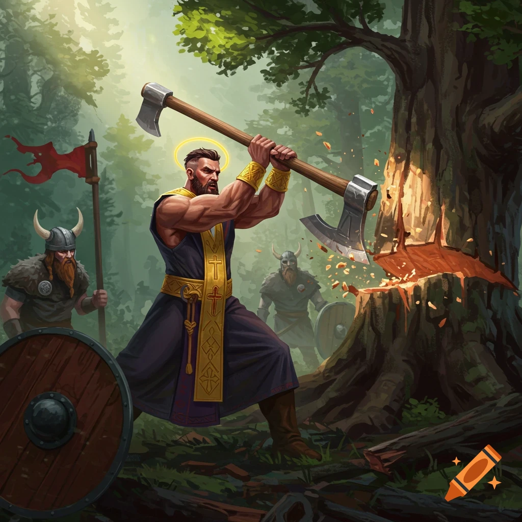 A muscular priest is chopping a tree with an axe as Vikings watch in a ...