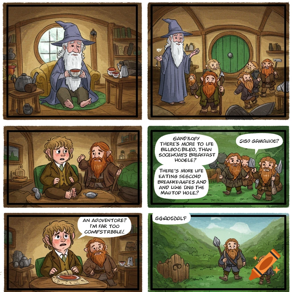 Storyboard illustration of a scene from The Hobbit on Craiyon