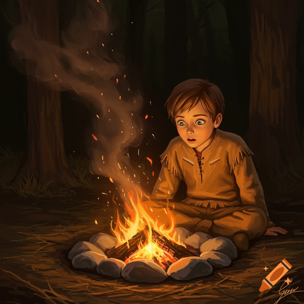 A vintage scene of a young boy sitting by a roaring campfire in a dark ...