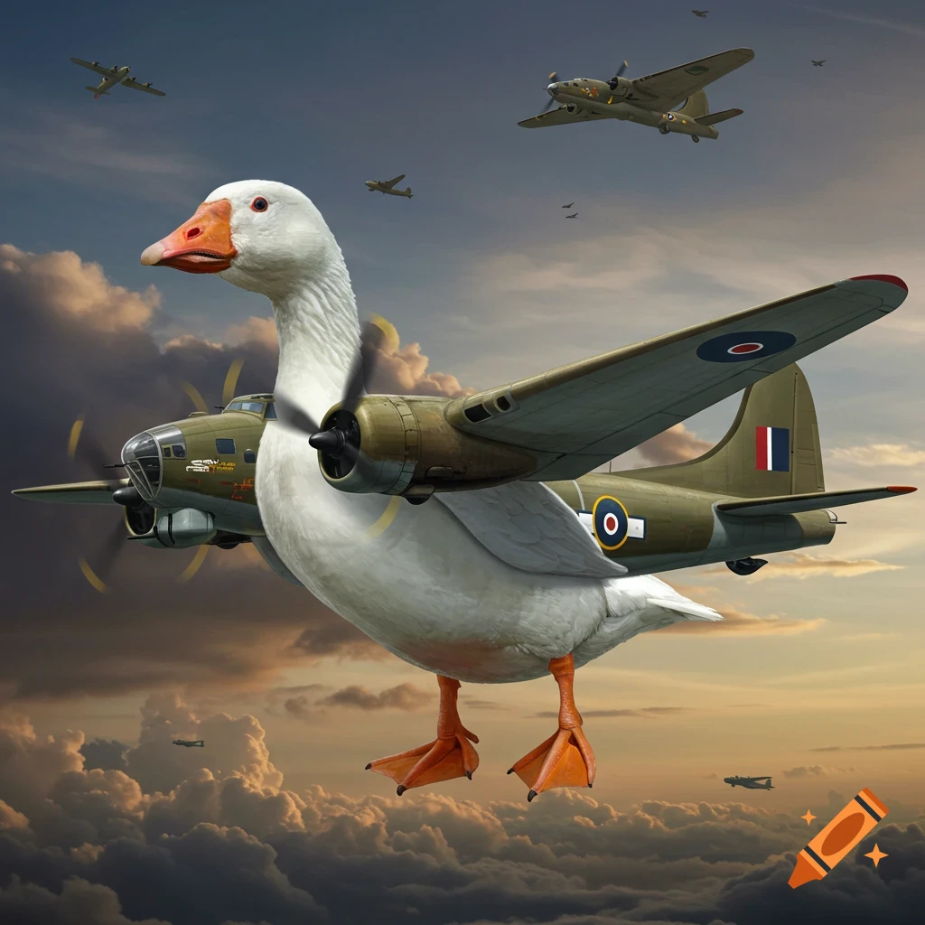 Painting of a goose transformed into a bomber plane flying in the sky ...