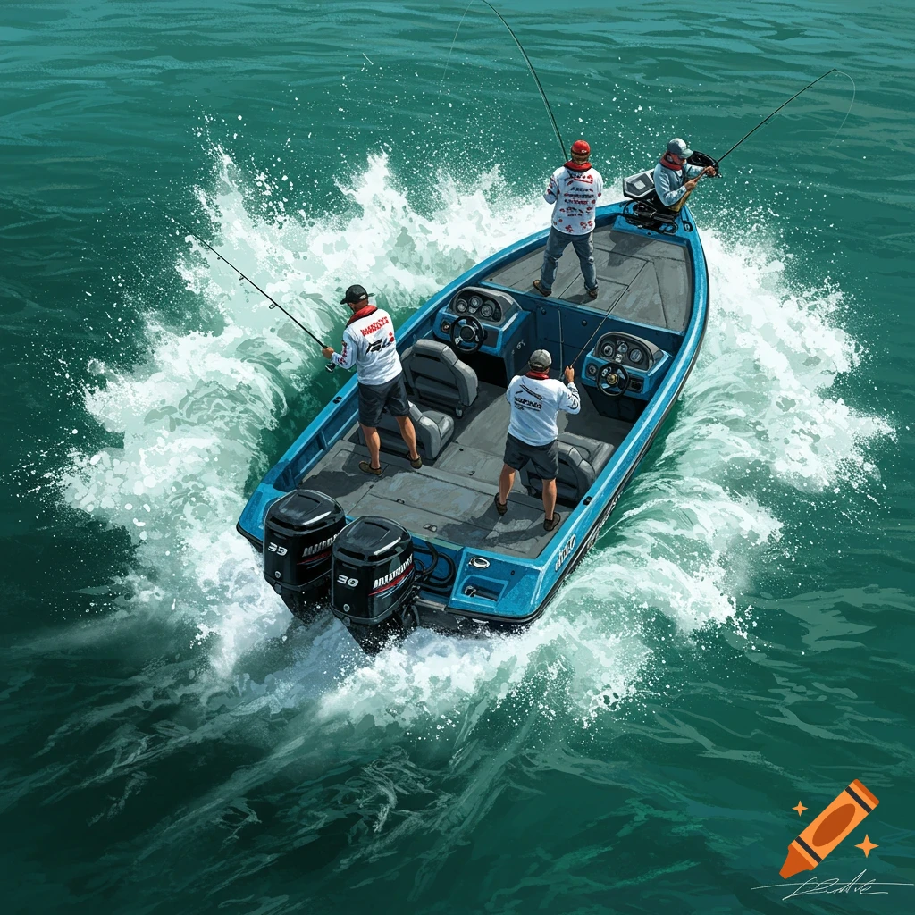 Three men are fishing from a blue bass boat speeding through choppy ...