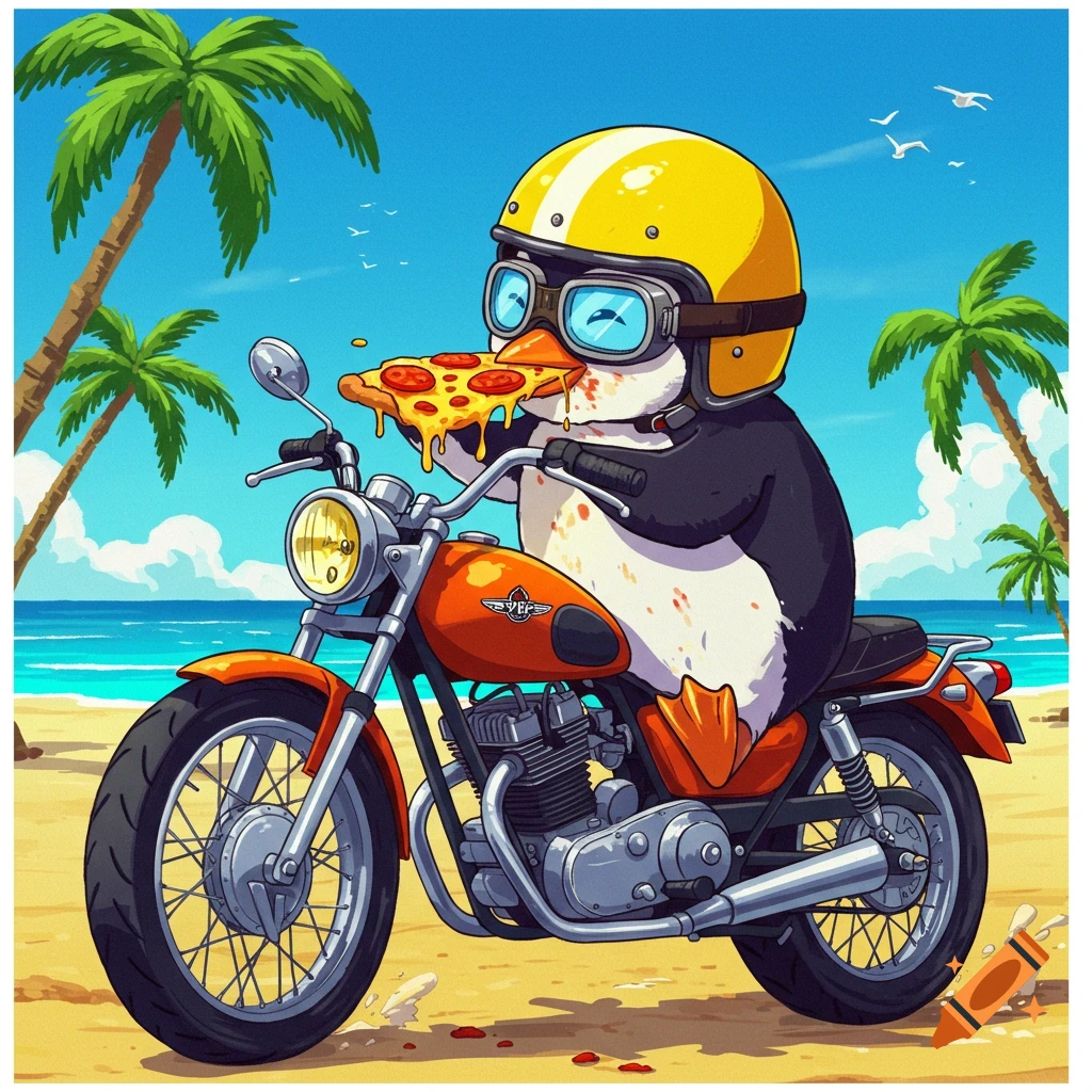 A penguin riding a motorcycle and eating pizza on Craiyon