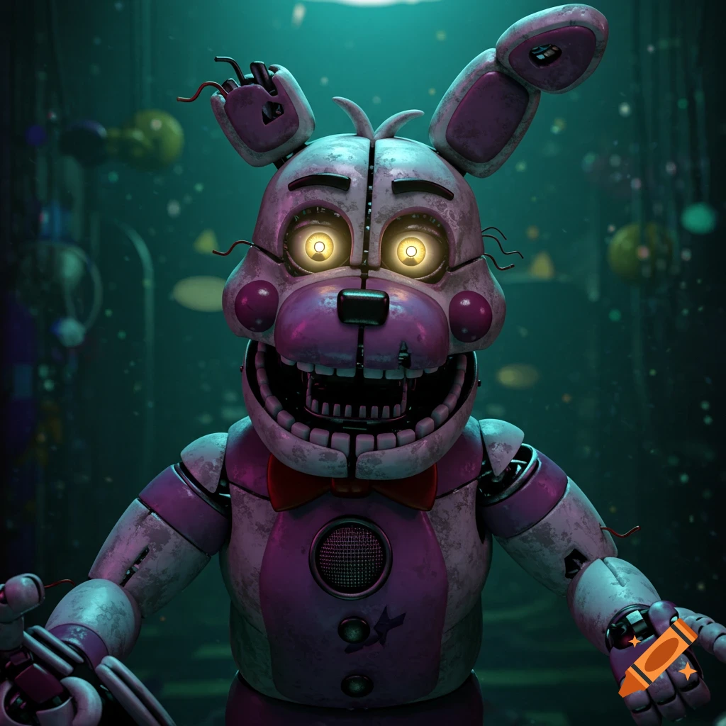 Close-up of Funtime Bonnie, a white and purple animatronic rabbit ...