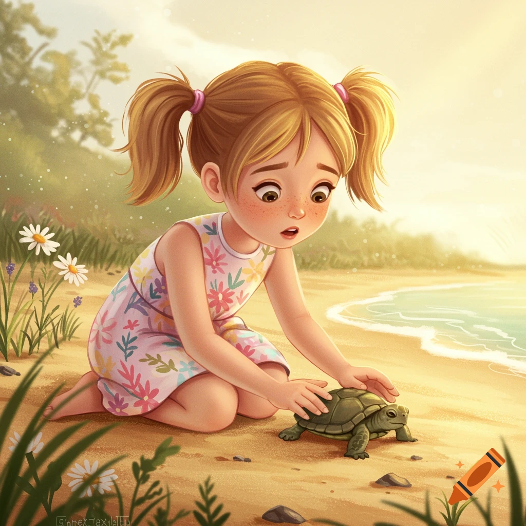 Girl finding a hurt turtle on Craiyon
