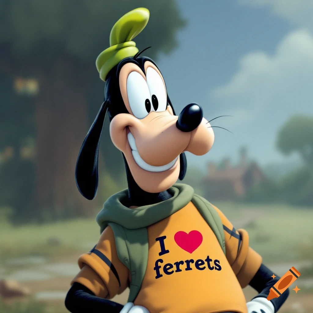 Disney's Goofy wearing an I Love Ferrets shirt on Craiyon