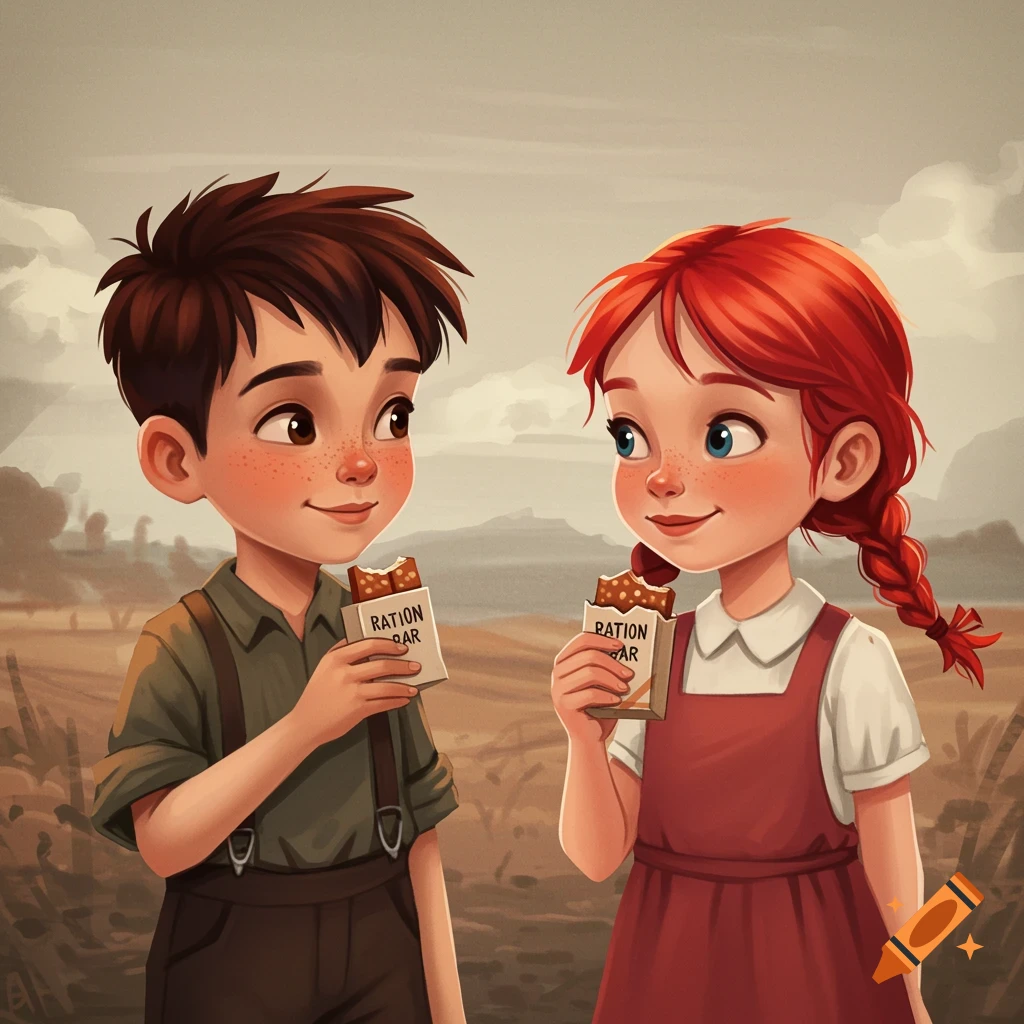 Cartoon woman handing candy to children in a grassy field with houses ...