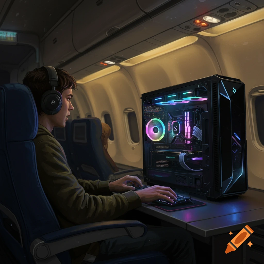 Gaming PC on an airplane seat, traveling concept or setup, unusual ...