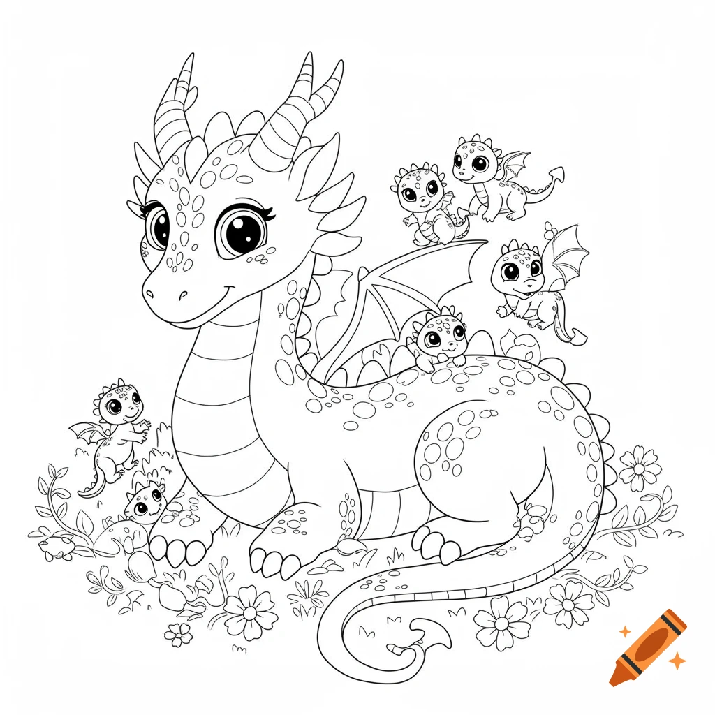 Cute dragon with baby dragons coloring page on Craiyon