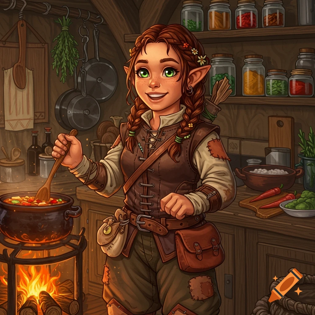 A female fantasy character stirring a pot in a rustic kitchen on Craiyon