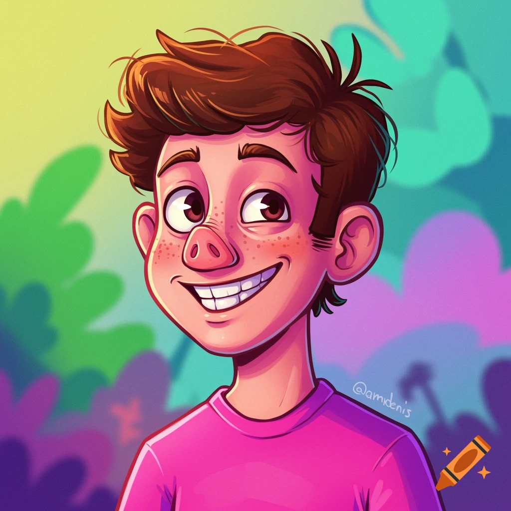 Cartoon portrait of a cheerful boy with a pig nose, freckles, and messy ...