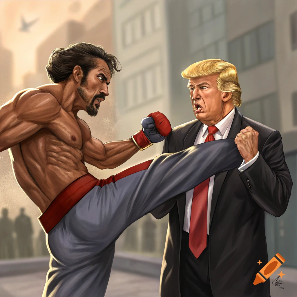 Illustration of a martial artist kicking a man resembling Donald Trump ...