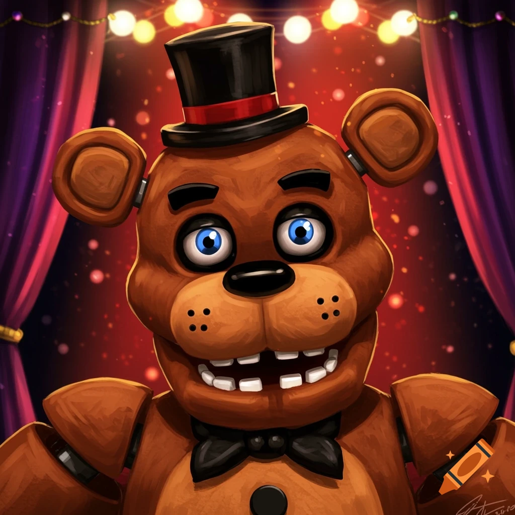 Freddy Fazbear on a stage with curtains and lights on Craiyon