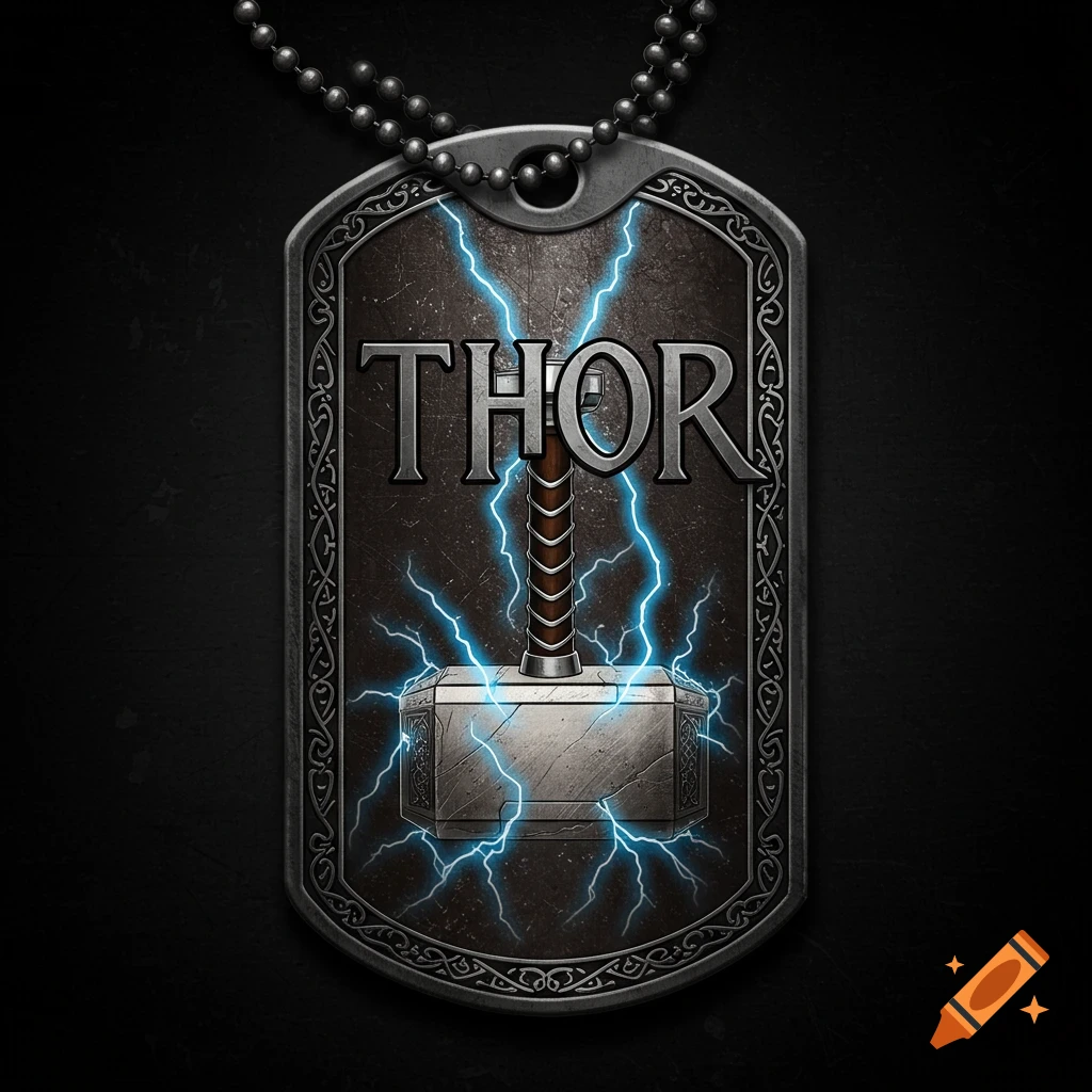 Dog tag with Thor, Asgard symbols, and Mjolnir hammer on Craiyon