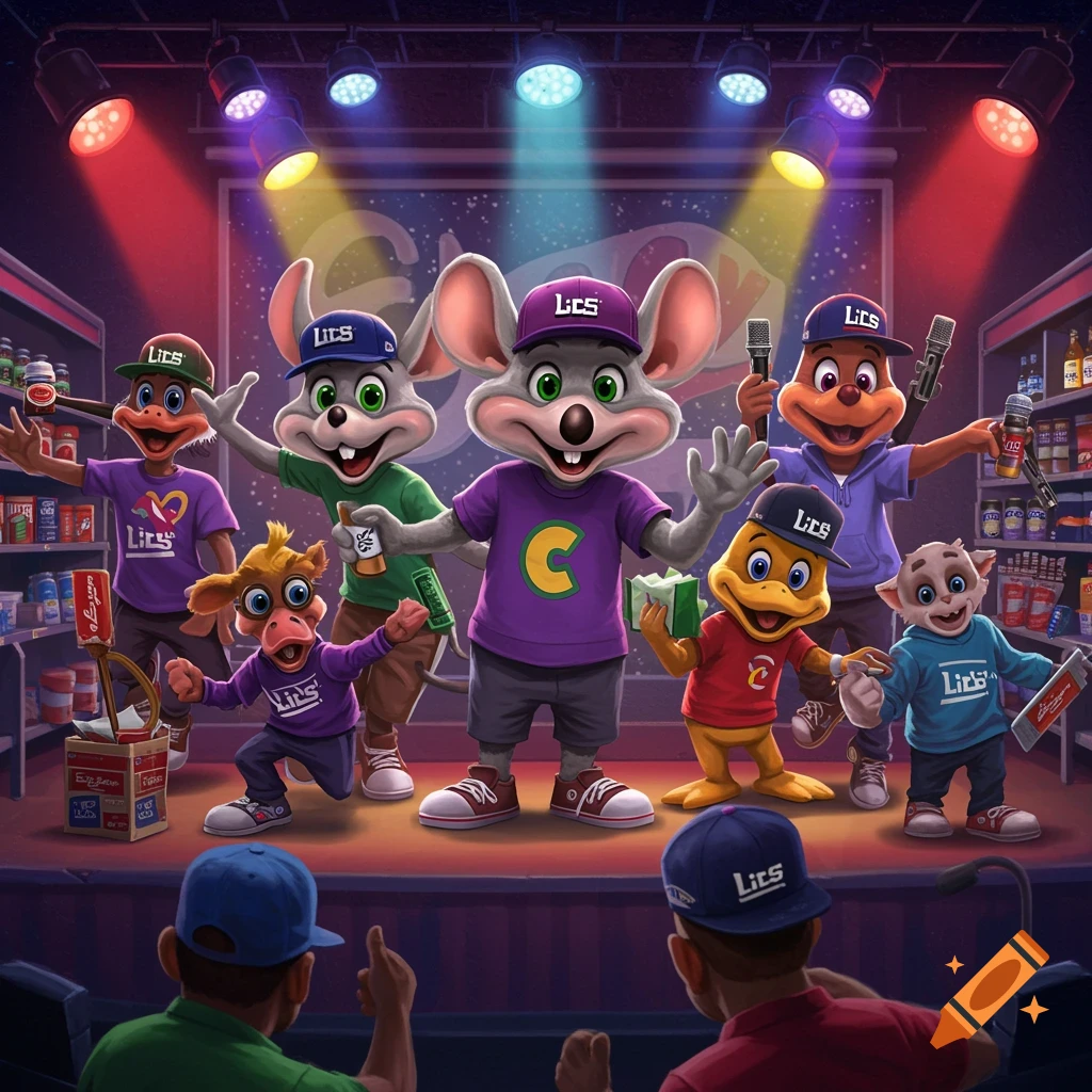 Cartoon characters like Chuck E Cheese band perform on stage wearing ...