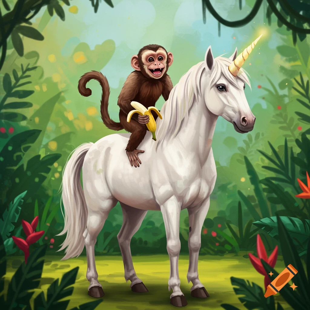 A monkey rides a unicorn through a jungle, holding a banana. on Craiyon