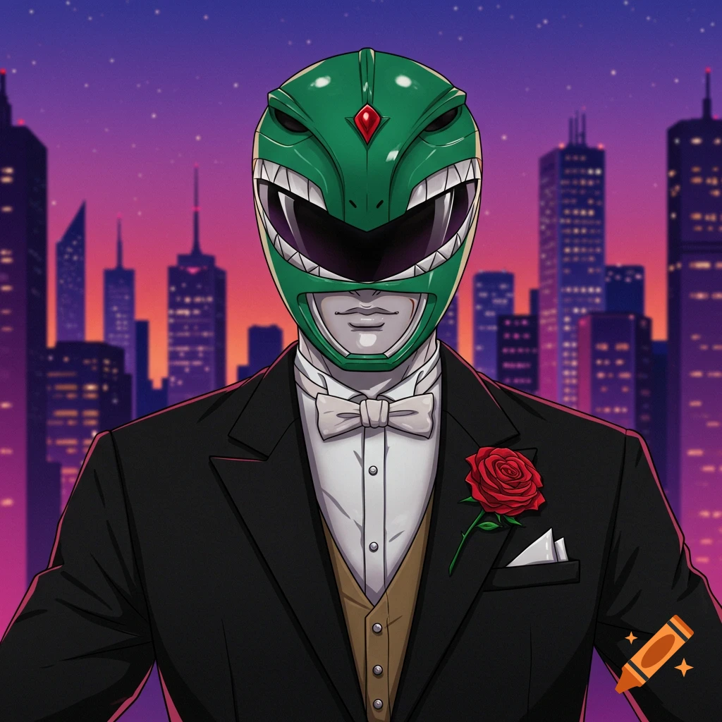 The Green Power Ranger holding a sword in an action pose. on Craiyon