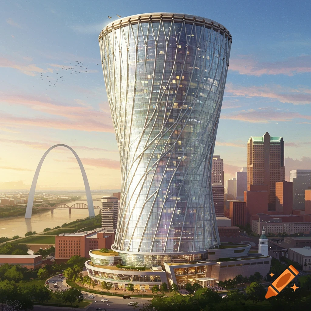 Glass djembe drum building in St. Louis, Missouri on Craiyon