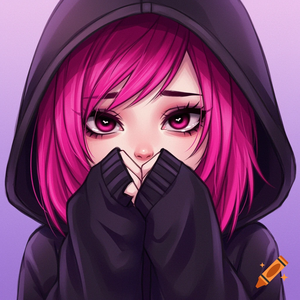 Emo girl in black sweatshirt covering her mouth with hood on Craiyon