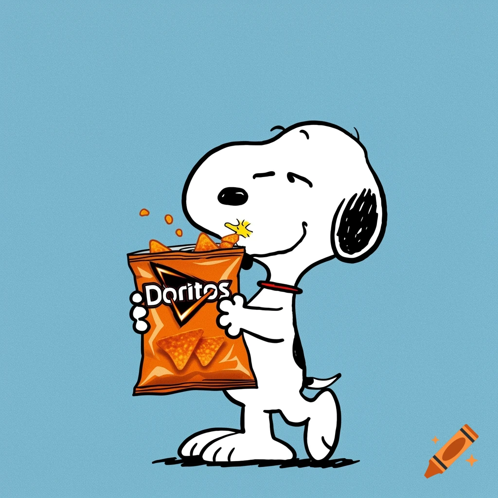 Cartoon Snoopy eating Doritos from a bag. on Craiyon