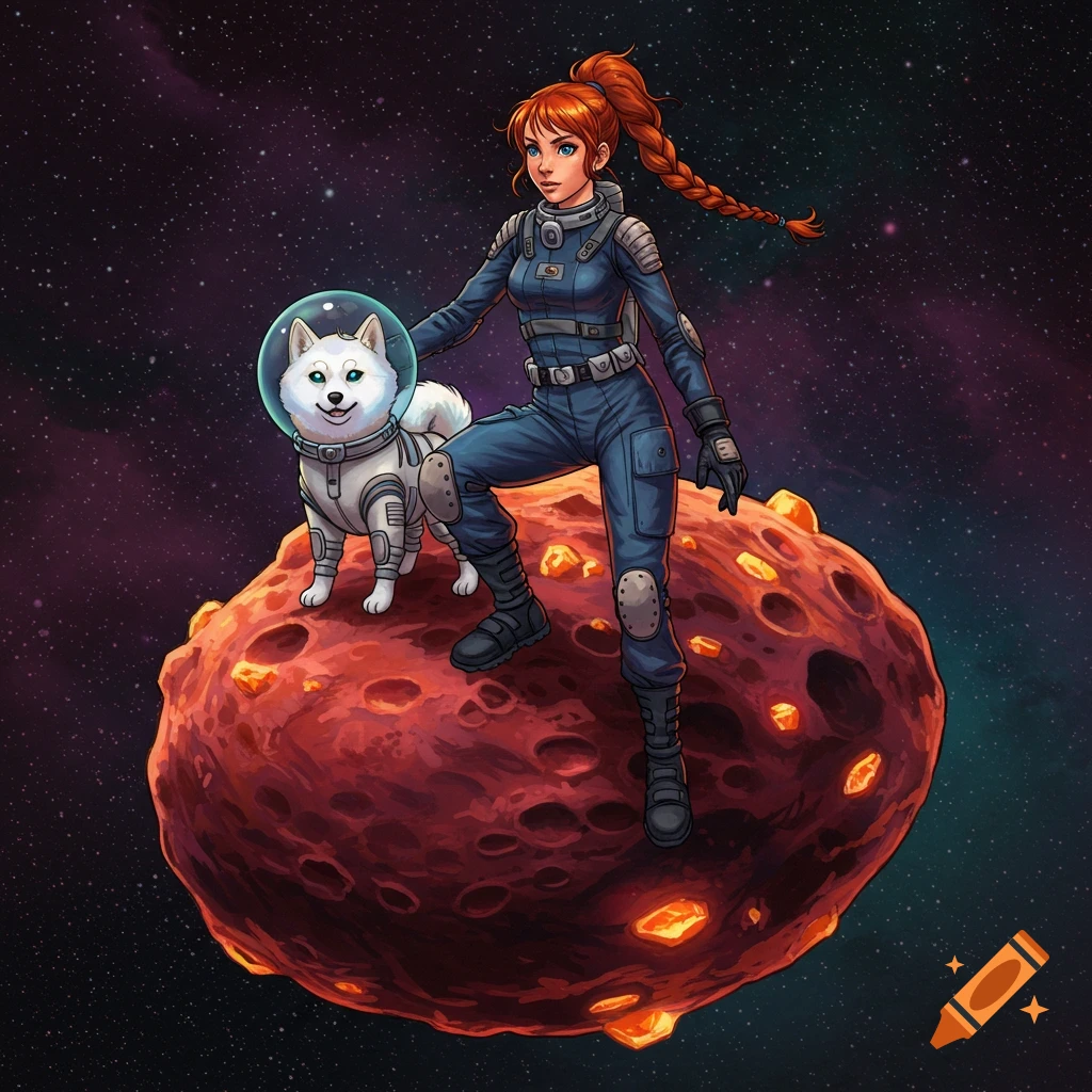 Woman adventurer and space dog on red meteor, Moebius style on Craiyon