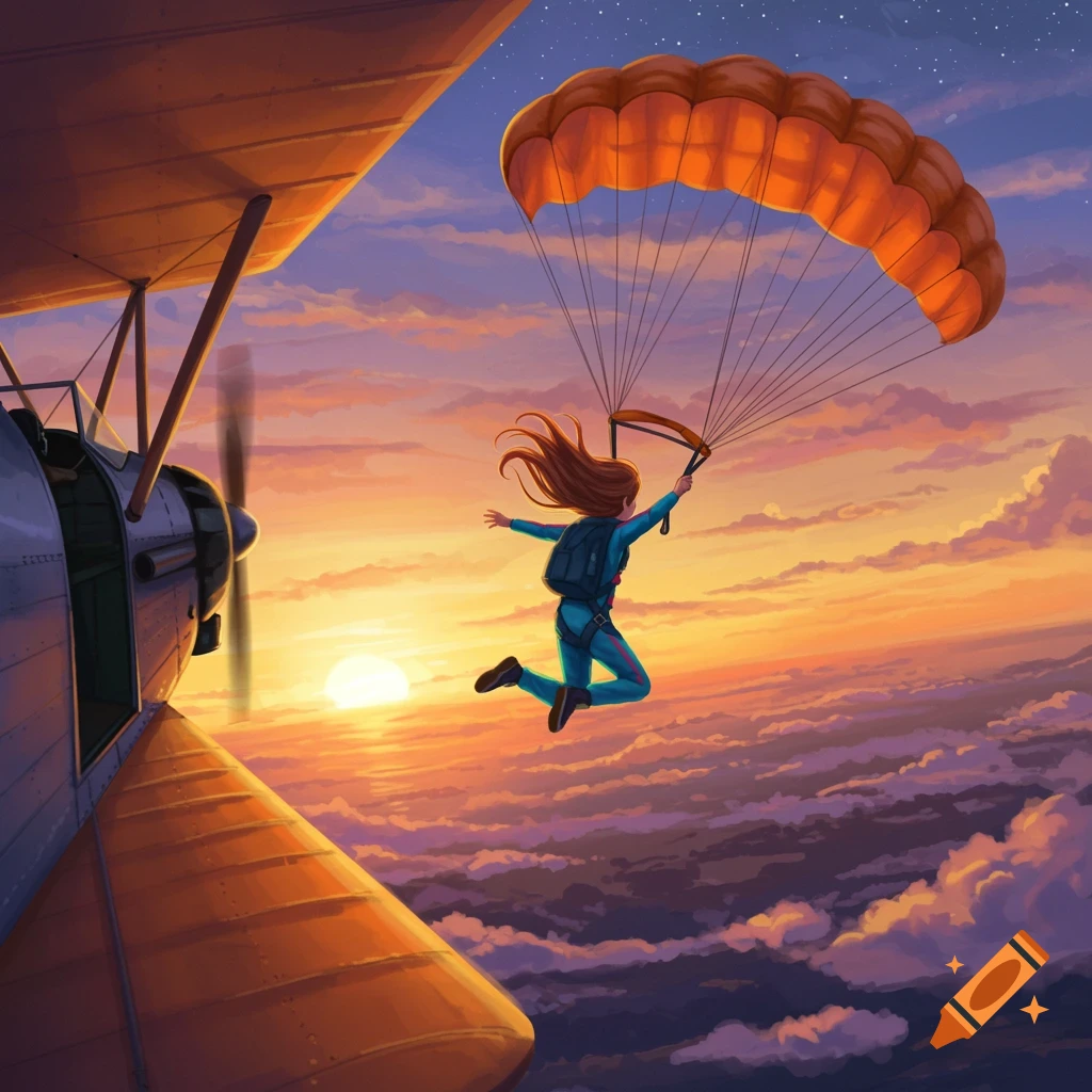 A person skydiving from a biplane at sunset. on Craiyon