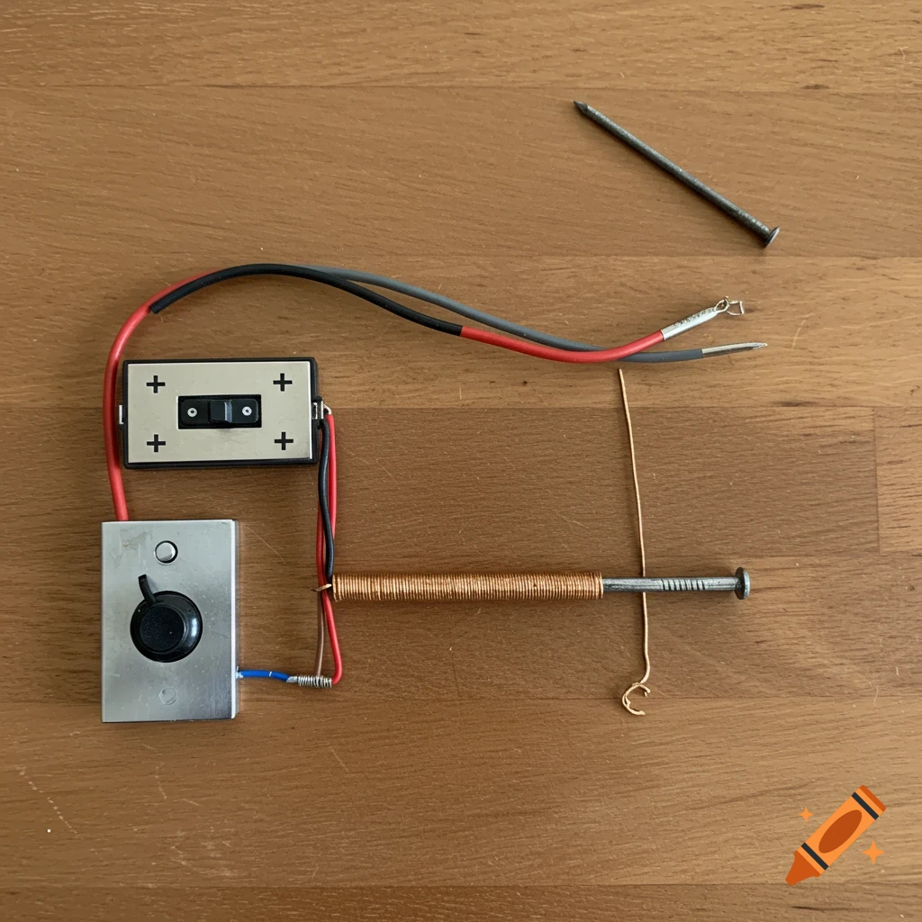 Electromagnet diagram with battery, switch, copper wire, and iron nail ...