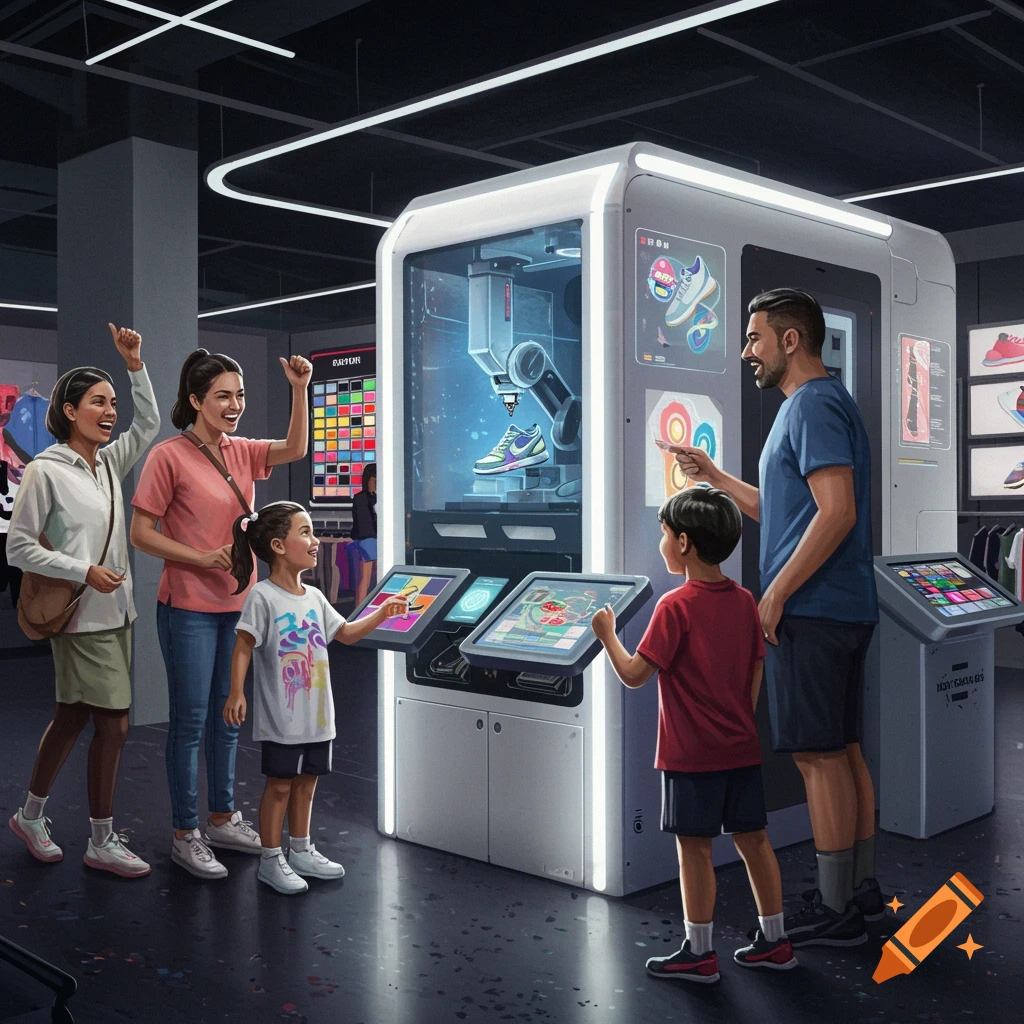 A family designing custom shoes on a futuristic machine in a store. on ...