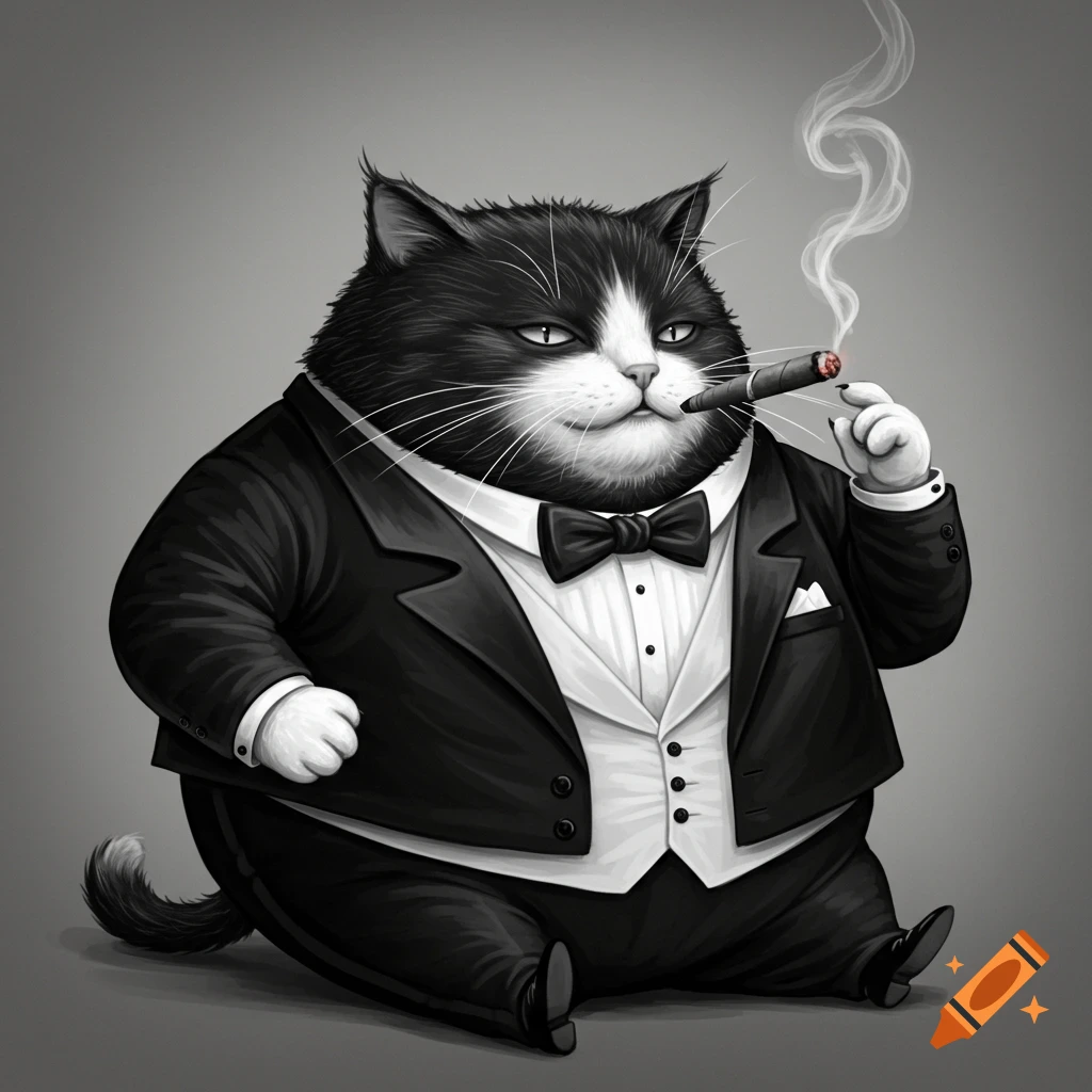 Black and white fat cat in a tuxedo smoking a cigar on Craiyon