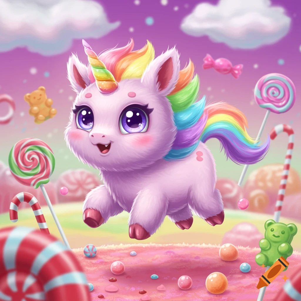 Cute cartoon unicorn with rainbow mane floating in a colorful candy landscape on Craiyon