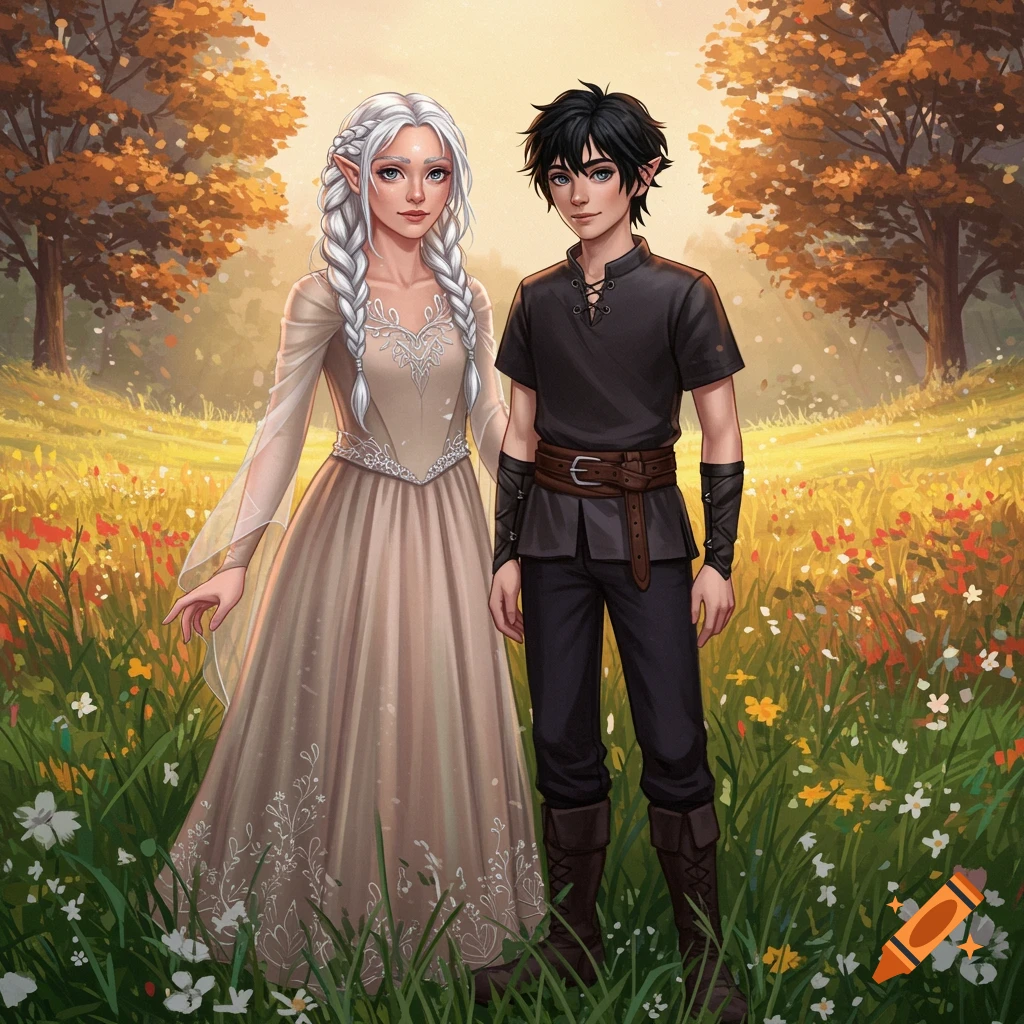 Two fantasy characters, a girl with white braids and a boy, stand in a ...