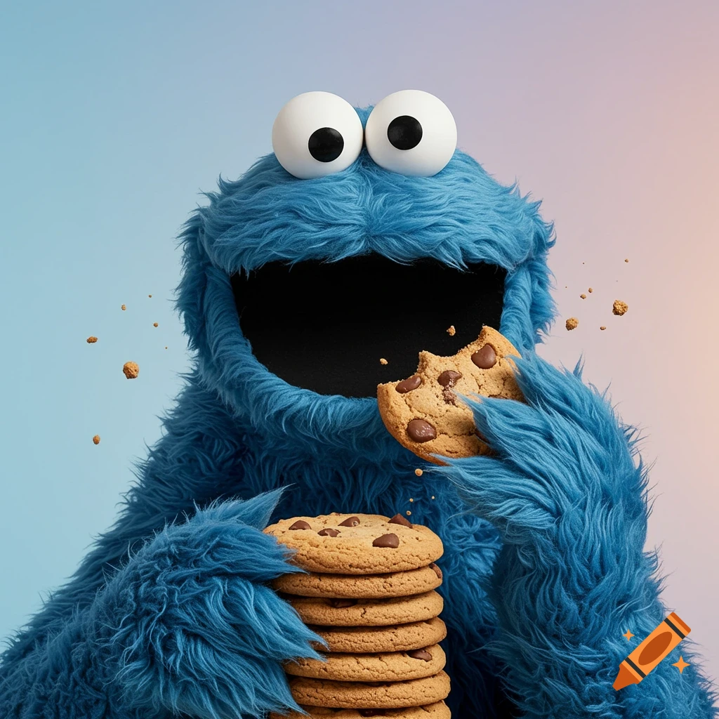Close-up of Cookie Monster happily eating a stack of chocolate chip ...