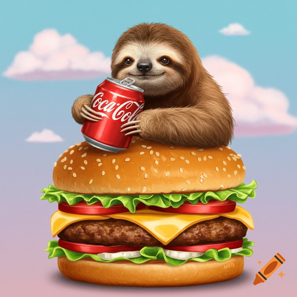 Sloth holding a can of coke riding a cheeseburger on Craiyon