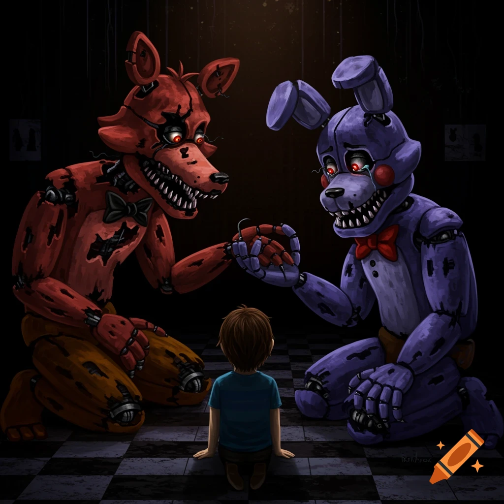 Nightmare Foxy, Chica, Freddy, and Bonnie offer comfort to a scared child. on Craiyon