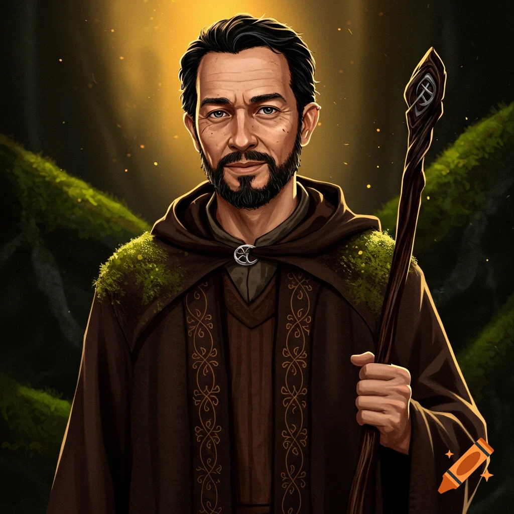 Man with goatee as wizard in Lord of the Rings style setting on Craiyon