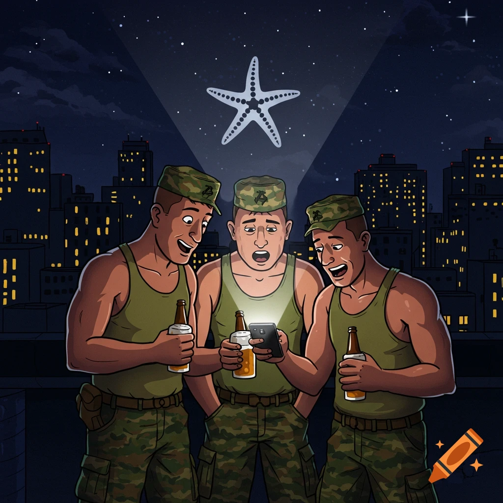 Cartoon of three Marines on a rooftop at night looking at a cell phone ...