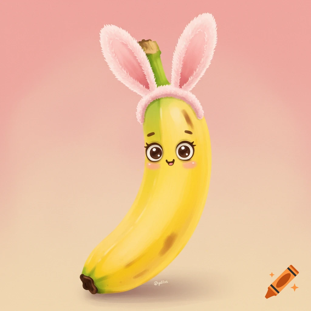 A cute cartoon banana wearing pink bunny ears. on Craiyon