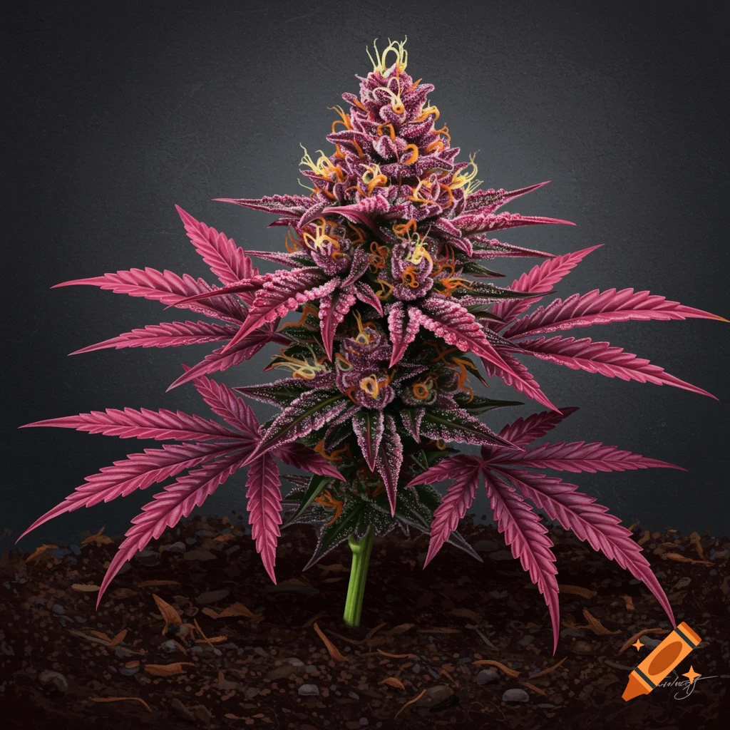 A vibrant cannabis plant with purple and orange buds and leaves against a green background. on ...