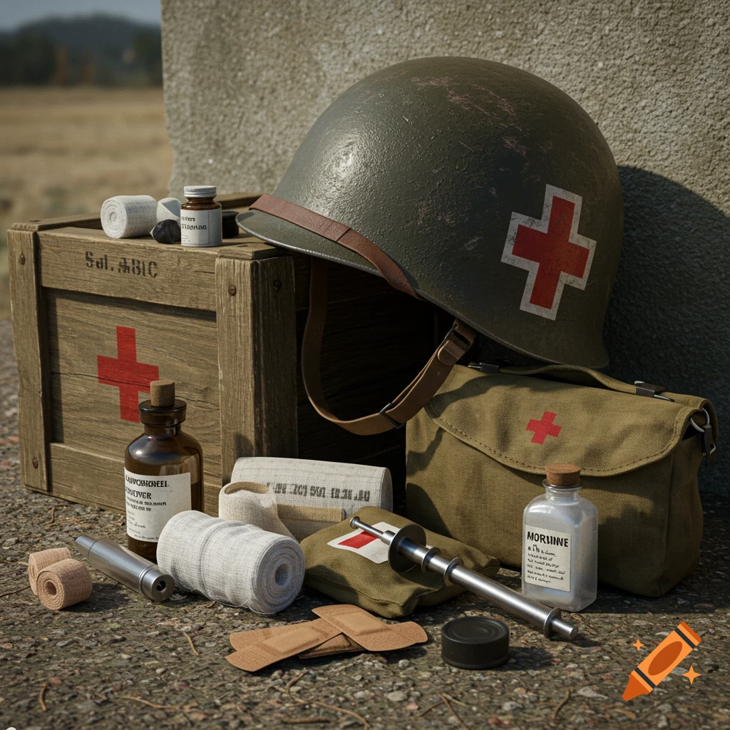 World War Two medic helmet with supplies resting on it, photograph of ...