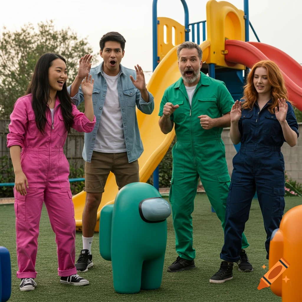 People dressed as Among Us characters pose at a playground with large ...
