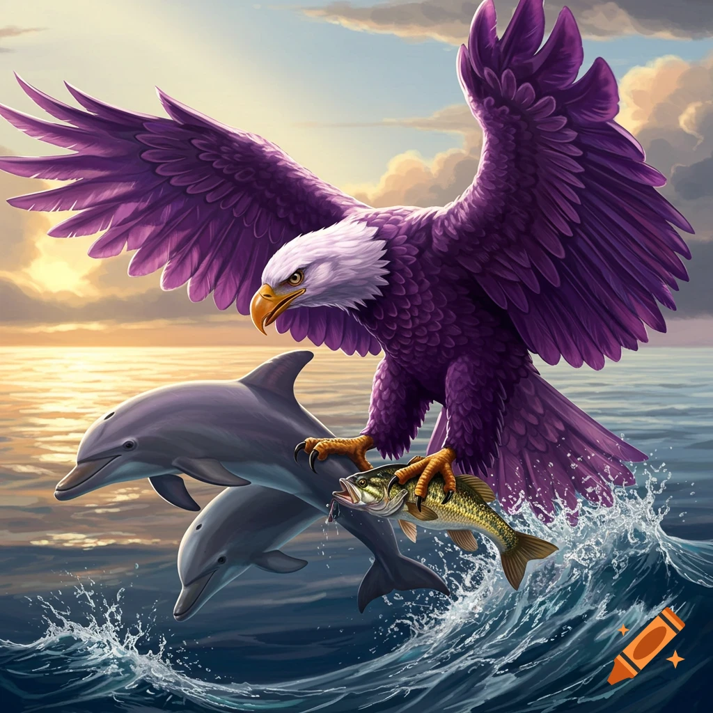 A purple eagle flies over dolphins carrying a bass in its claws over a ...