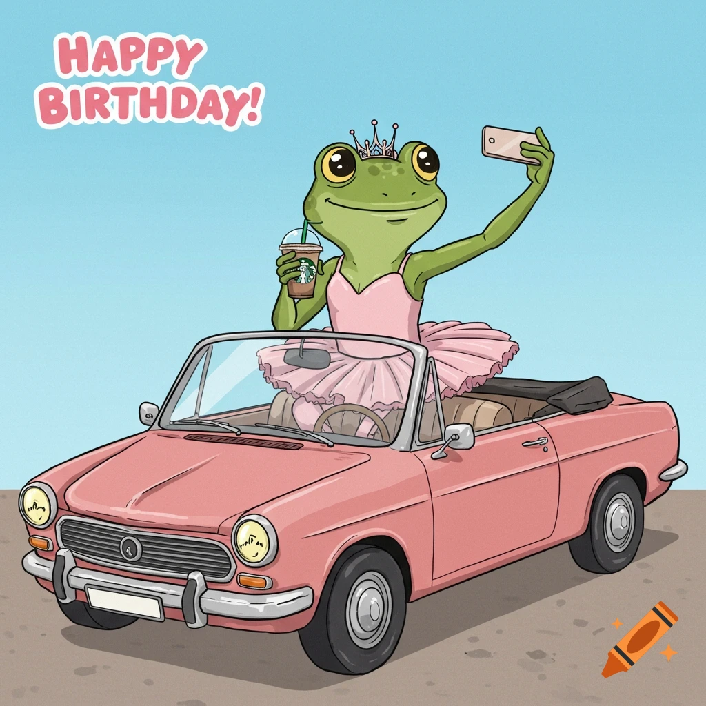 Cartoon frog ballerina in car with Starbucks taking selfie on Craiyon
