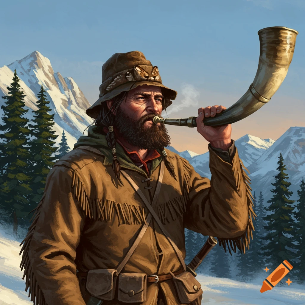 1810 Mountain Man with coon skin hat blowing cow horn on Craiyon