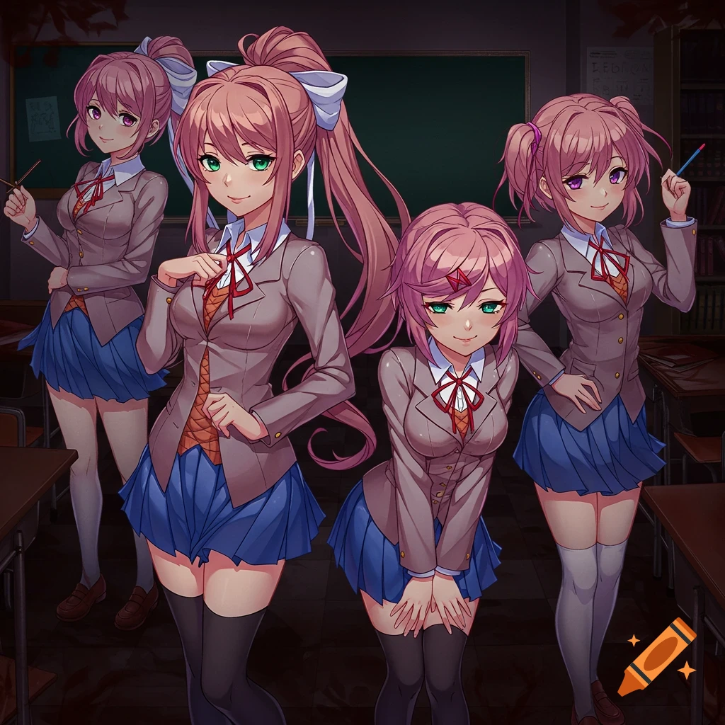 Four anime girls in school uniforms stand in a classroom. on Craiyon